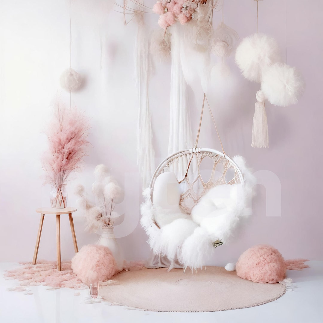 Boho Chair Swing With Pampas Grass and Pom Poms I , Photo Shoot Backdrop, Overlays, Studio ...