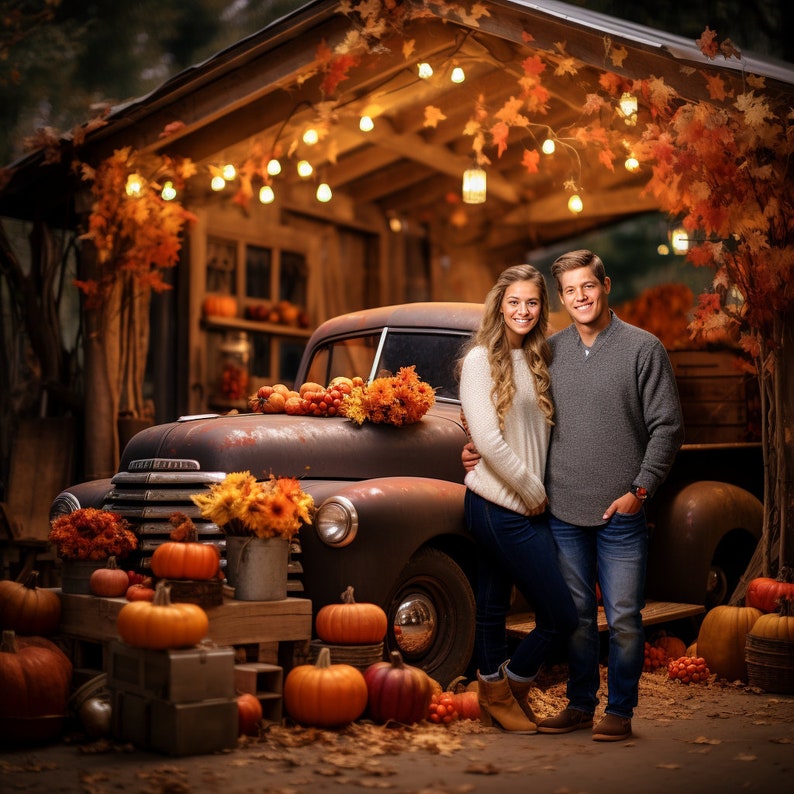 Vintage Pickup Truck Fall Backdrop, Fall Trees Digital Backdrop ...