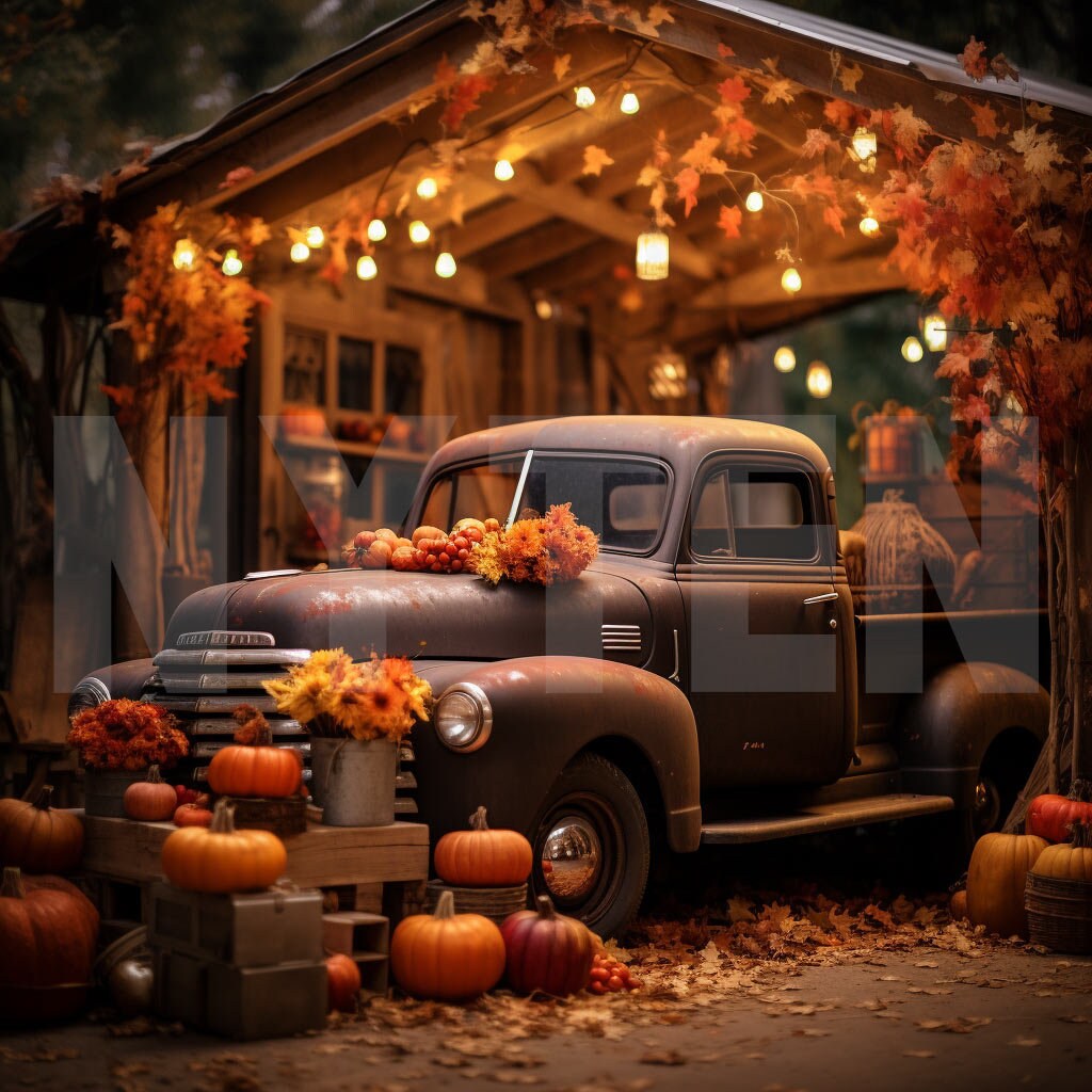 Vintage Pickup Truck Fall Backdrop, Fall Trees Digital Backdrop ...