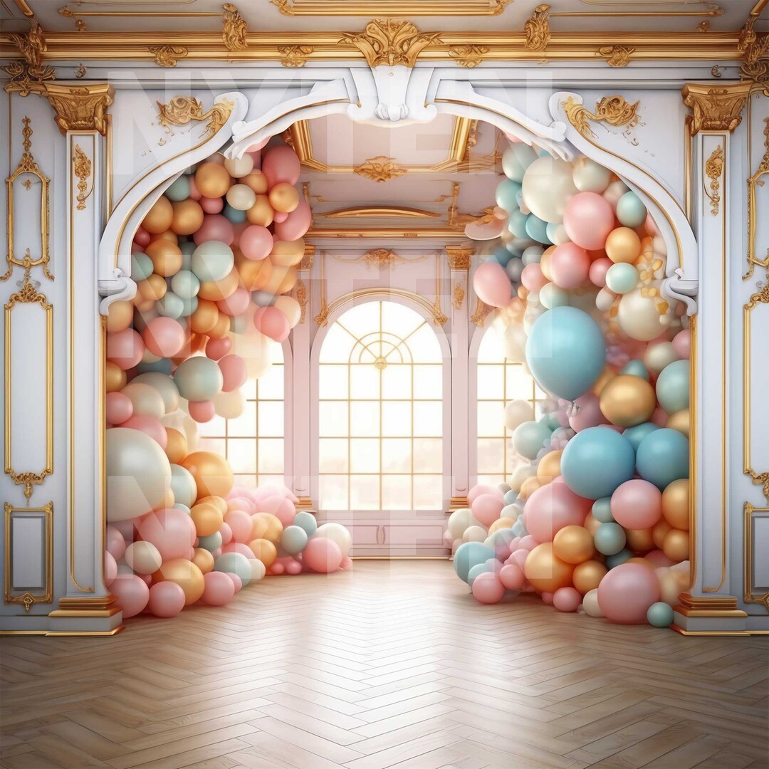 Opulent Baroque Room With Arch and Balloons Digital Backdrop, Photo ...