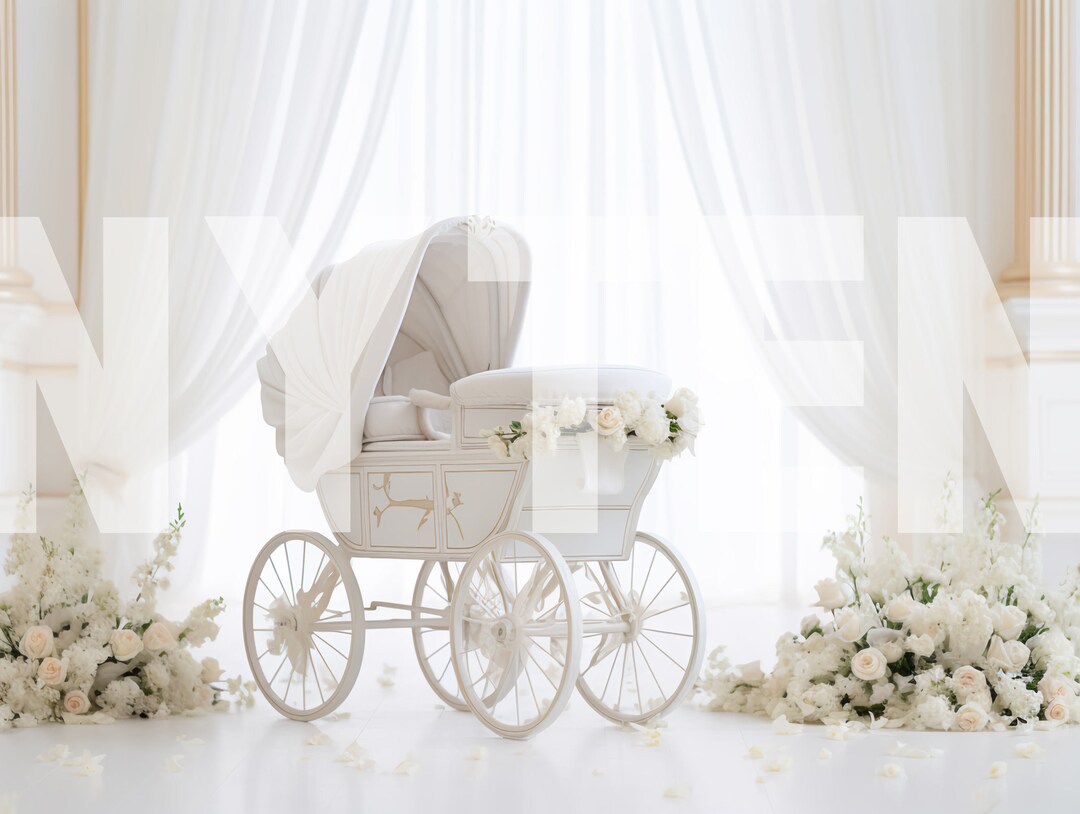 Serene White Pram Digital Backdrop, Timeless Virtual Prop for Newborn ...