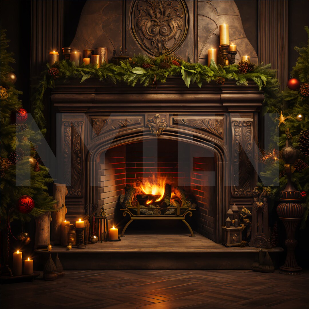 Rustic Christmas Fireplace Digital Backdrop, Photo Background for ...