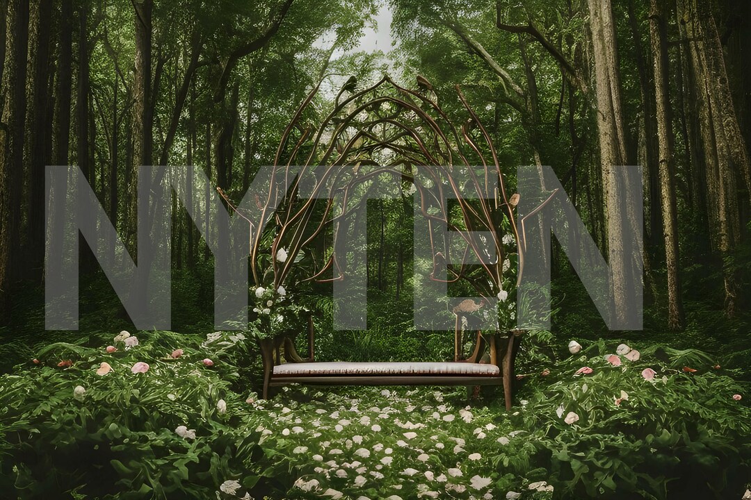 Enchanting Green Forest Bench Digital Backdrop I, Photo Shoot Backdrop ...