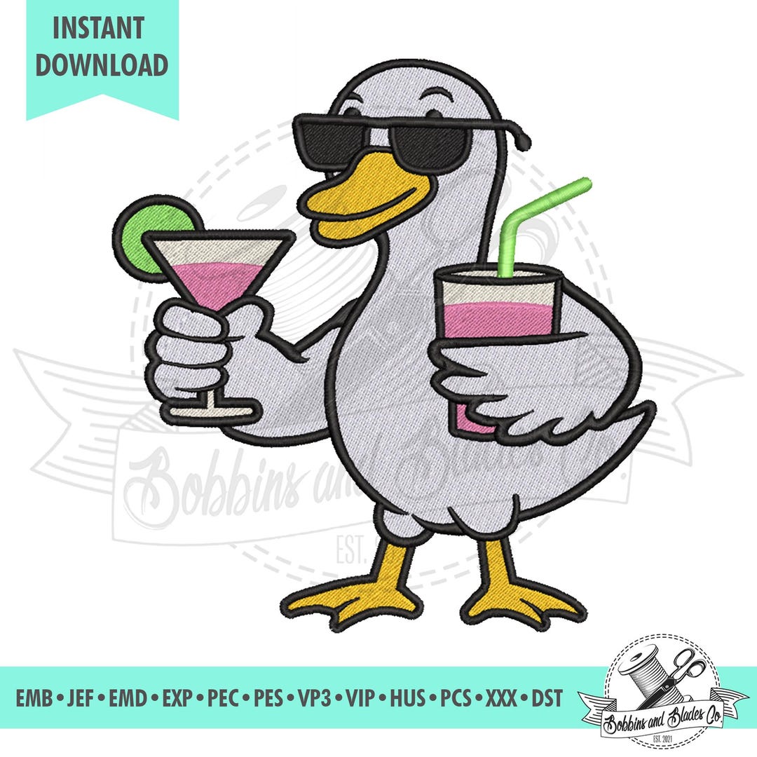Cartoon Drunk Duck/goose With Cocktails; Machine Embroidery File ...