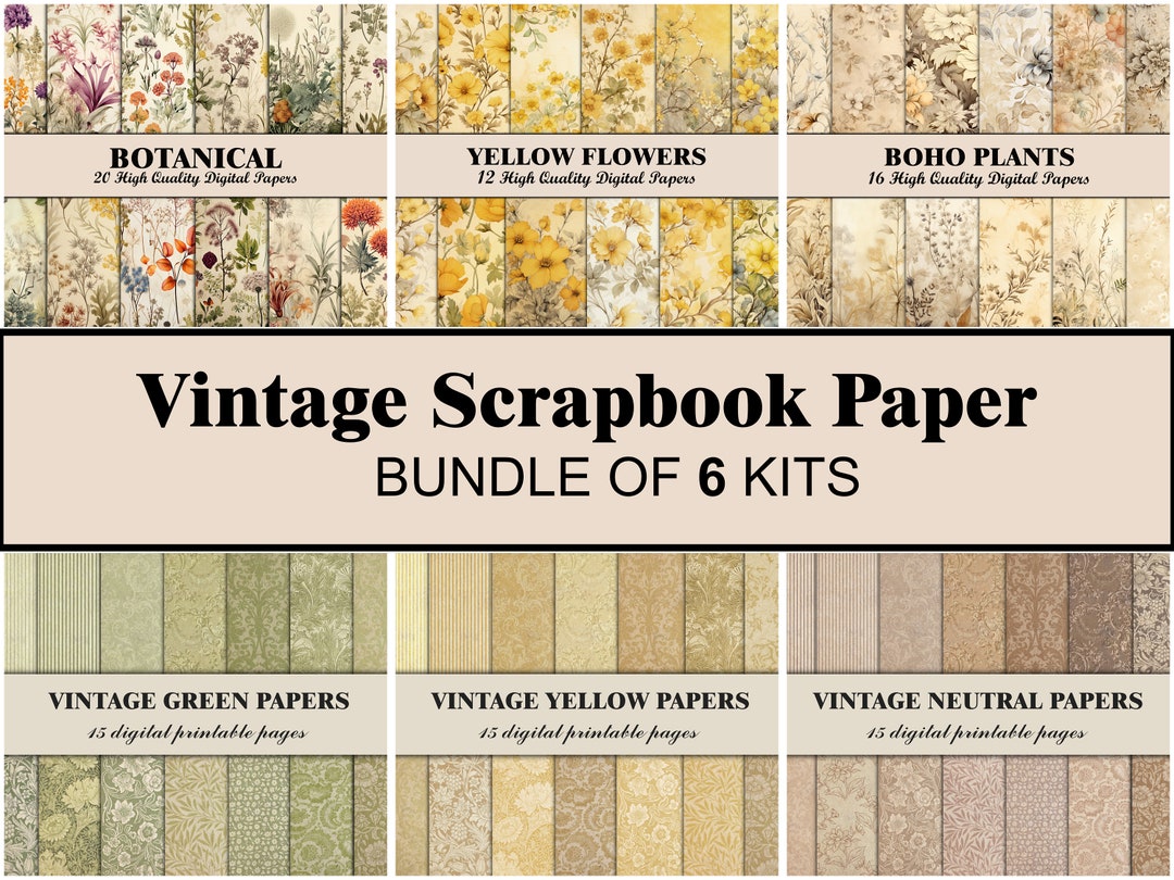Botanical Scrapbook Paper Floral Yellow Green Beige Boho Junk Journal ...