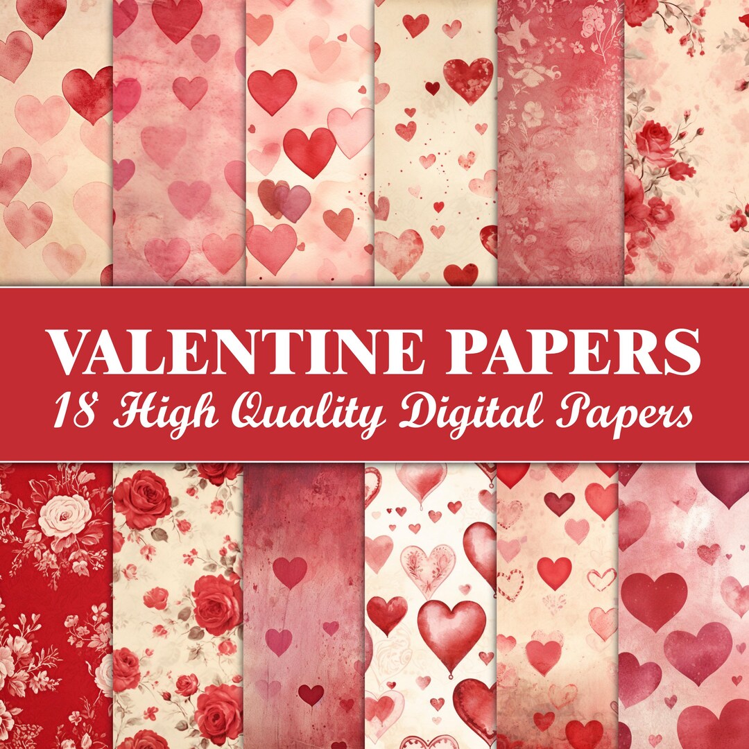 Valentine Scrapbook Paper Red Hearts Junk Journal Pages Romantic ...