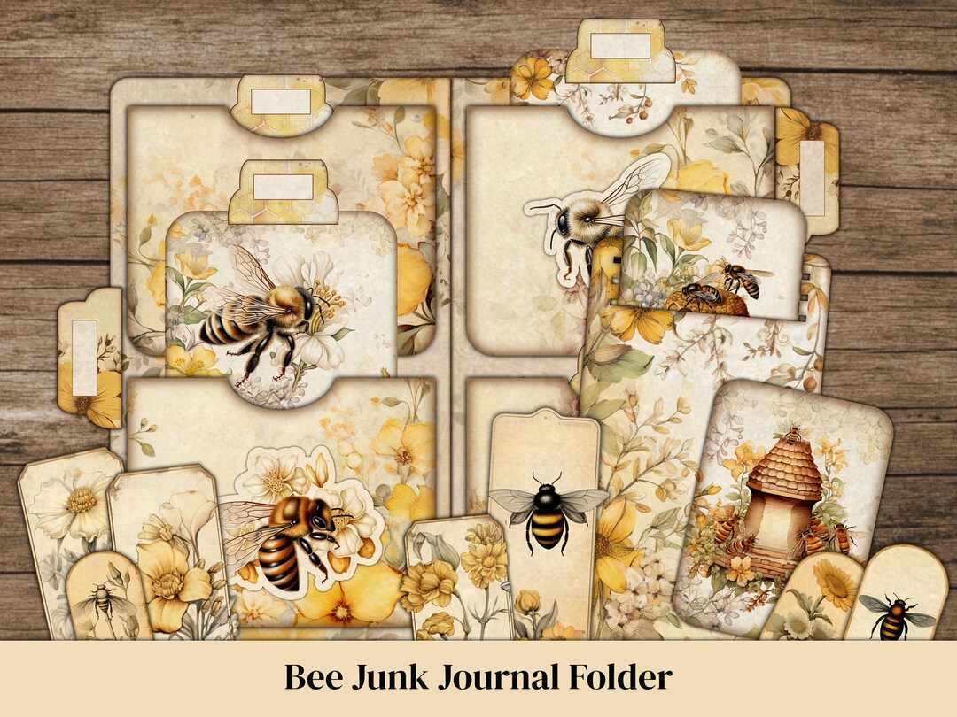 Bee Junk Journal Kit, Folder, Folio Junk Journal Tab, Bee Scrapbook, Fussy Cuts, Bee Ephemera ...