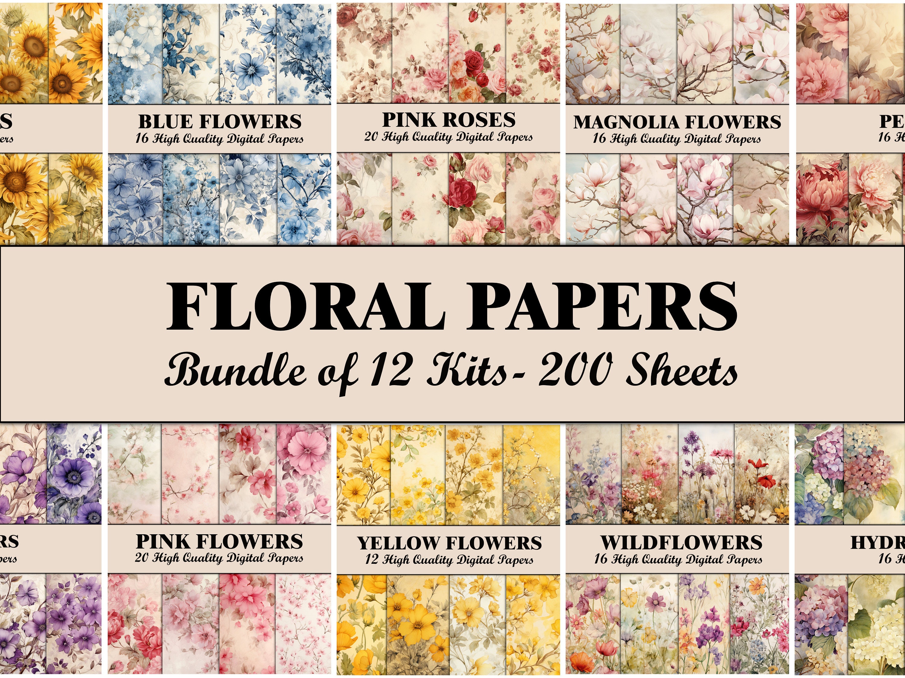 Floral Scrapbook Paper Pack Junk Journal Template Pink Blue Yellow ...