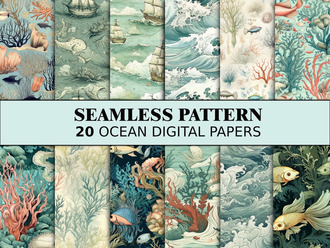 Seamless Sea Pattern Scrapbook Paper Ocean Junk Journal Pages Blue Junk Journal Kit Nautical ...
