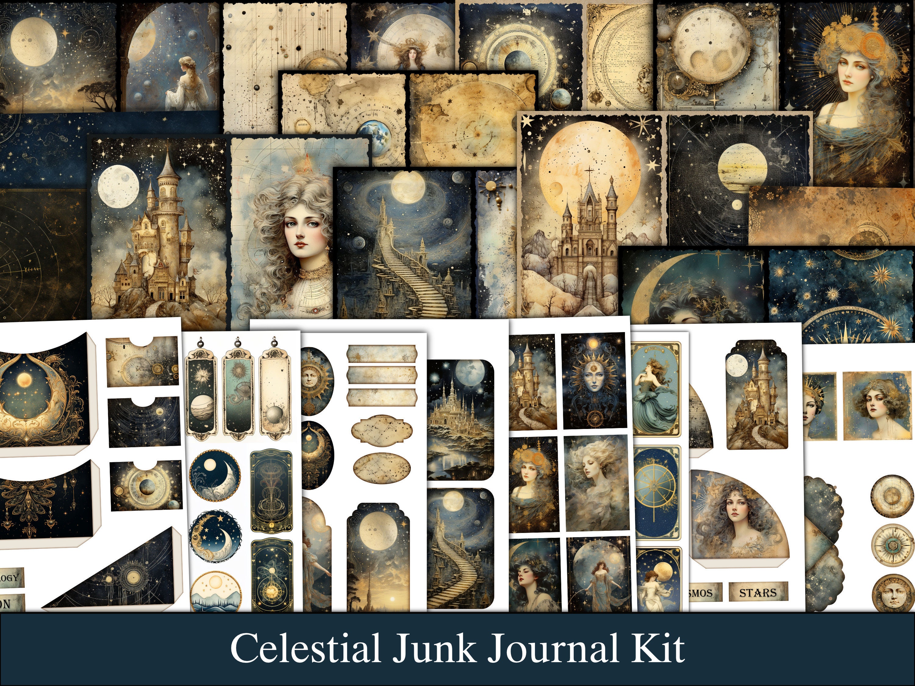Moon Junk Journal Ephemera Printable Embellishments Celestial - Etsy