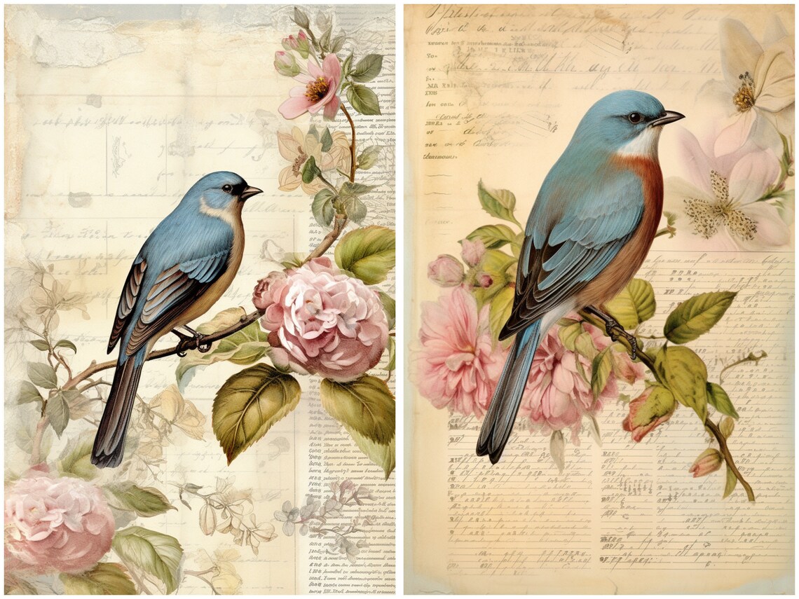 Bird Scrapbook Paper Junk Journal Pages Floral Junk Journal Rose Nature ...