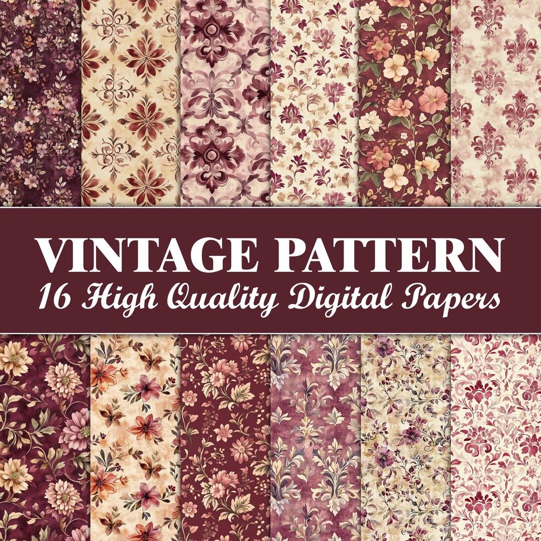 Burgundy Floral Scrapbook Paper Vintage Ornamental Pink Botanical ...