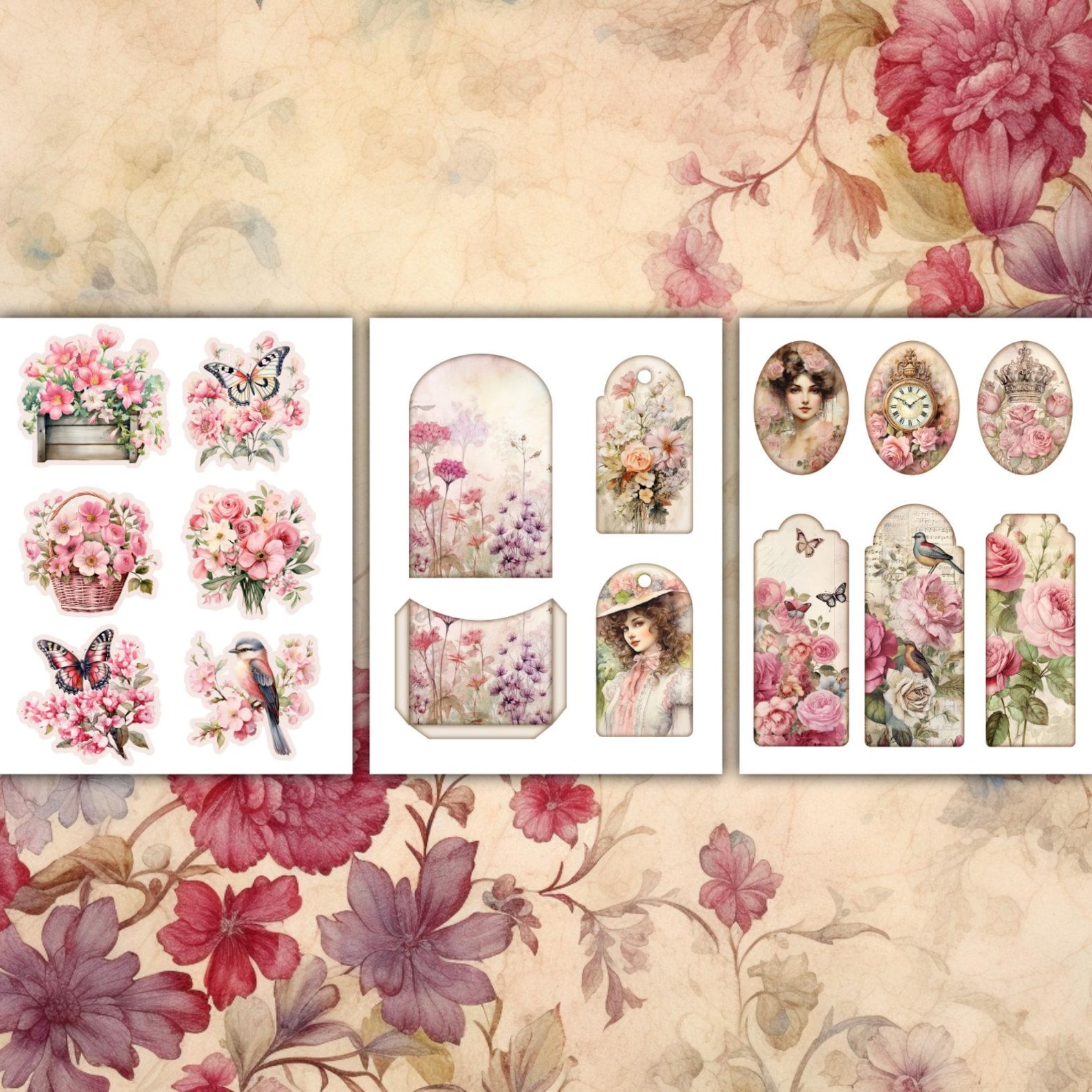 Freebies | Free Vintage Junk Journal Ephemera Kit Floral Scrapbook ...
