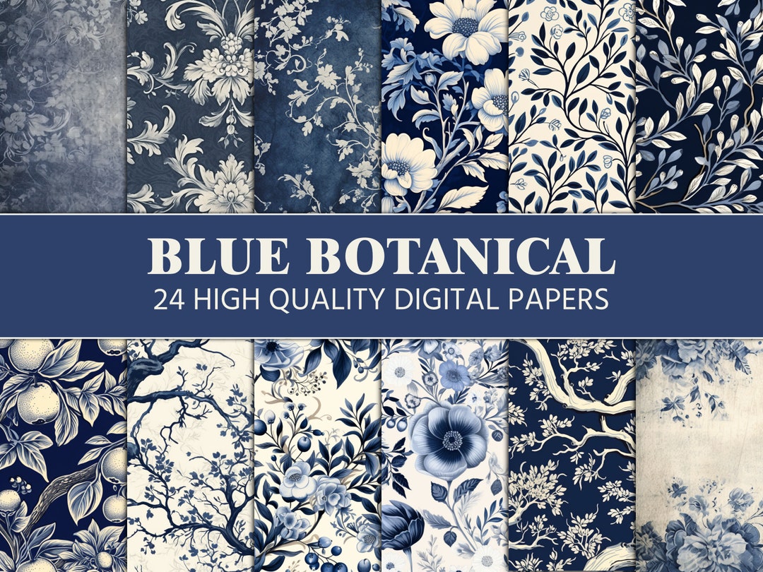 Navy Blue Floral Scrapbook Paper Botanical Ornamental Pattern Plants ...