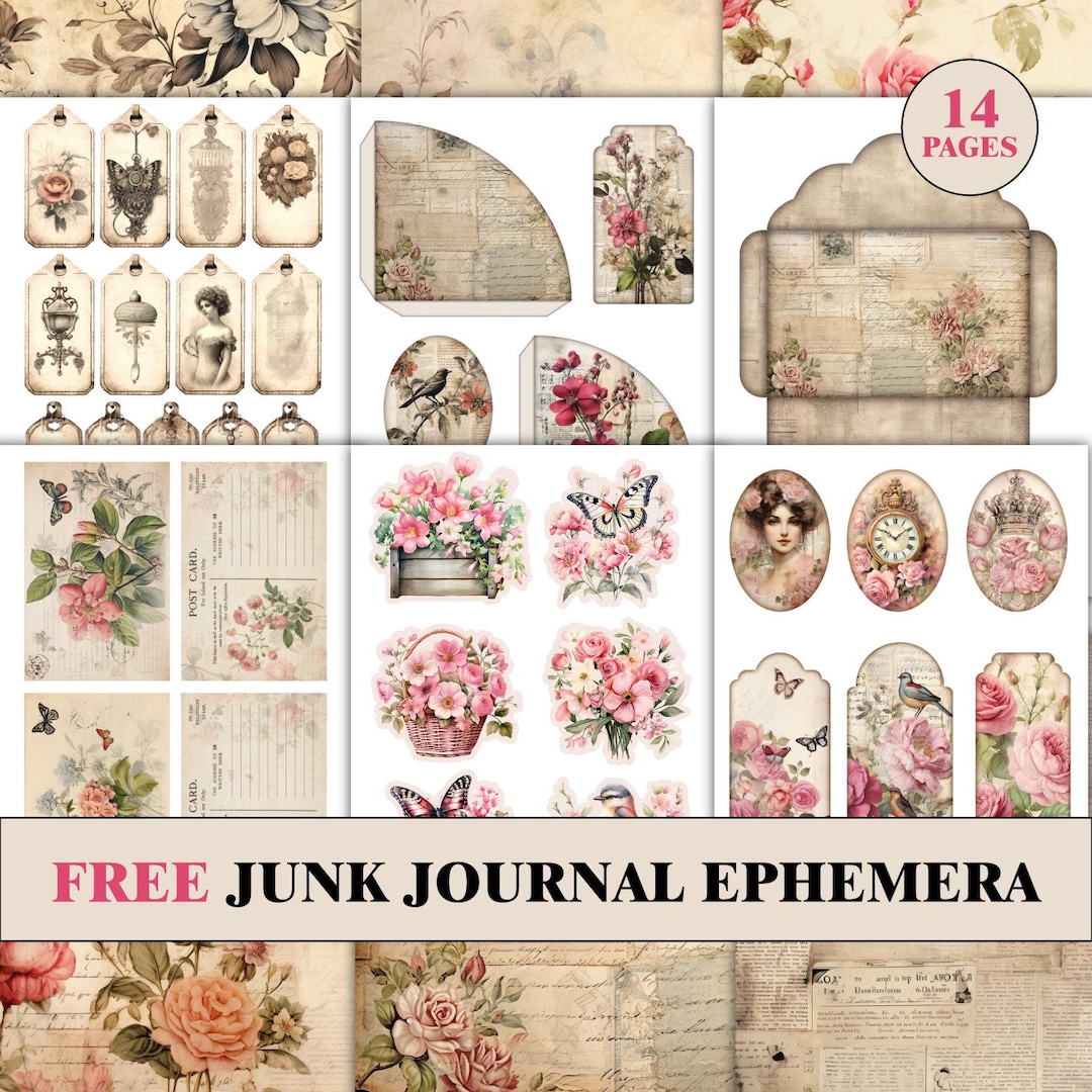 Freebies | Free Vintage Junk Journal Ephemera Kit Floral Scrapbook ...
