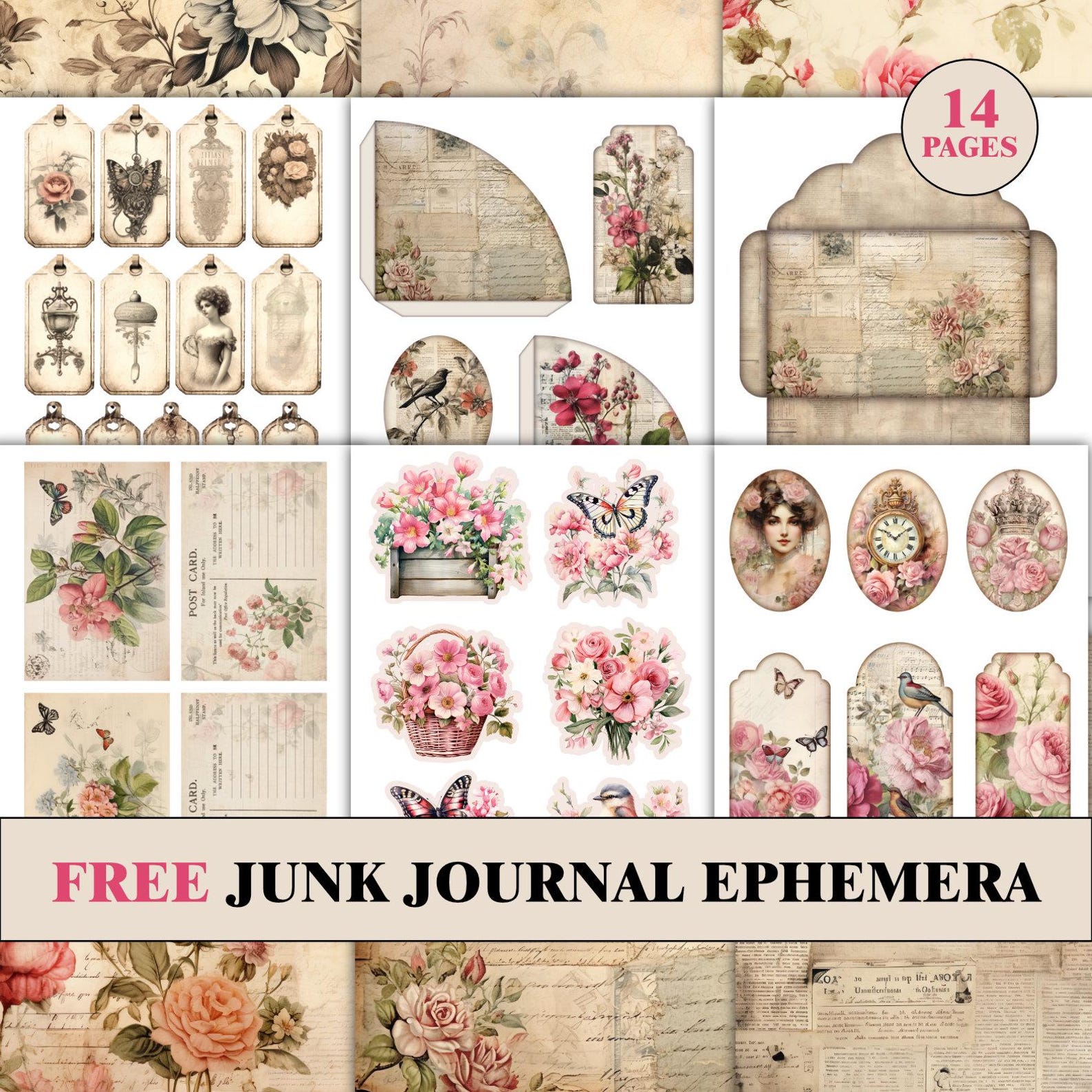 Freebies Free Vintage Junk Journal Ephemera Kit Floral Scrapbook Paper ...