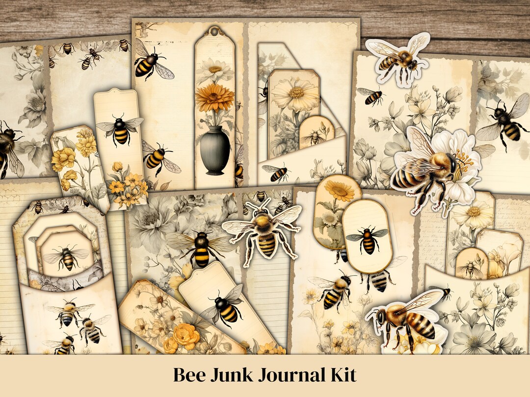 Bee Junk Journal Kit, Junk Journal Pages, Bee Scrapbook, Fussy Cuts ...