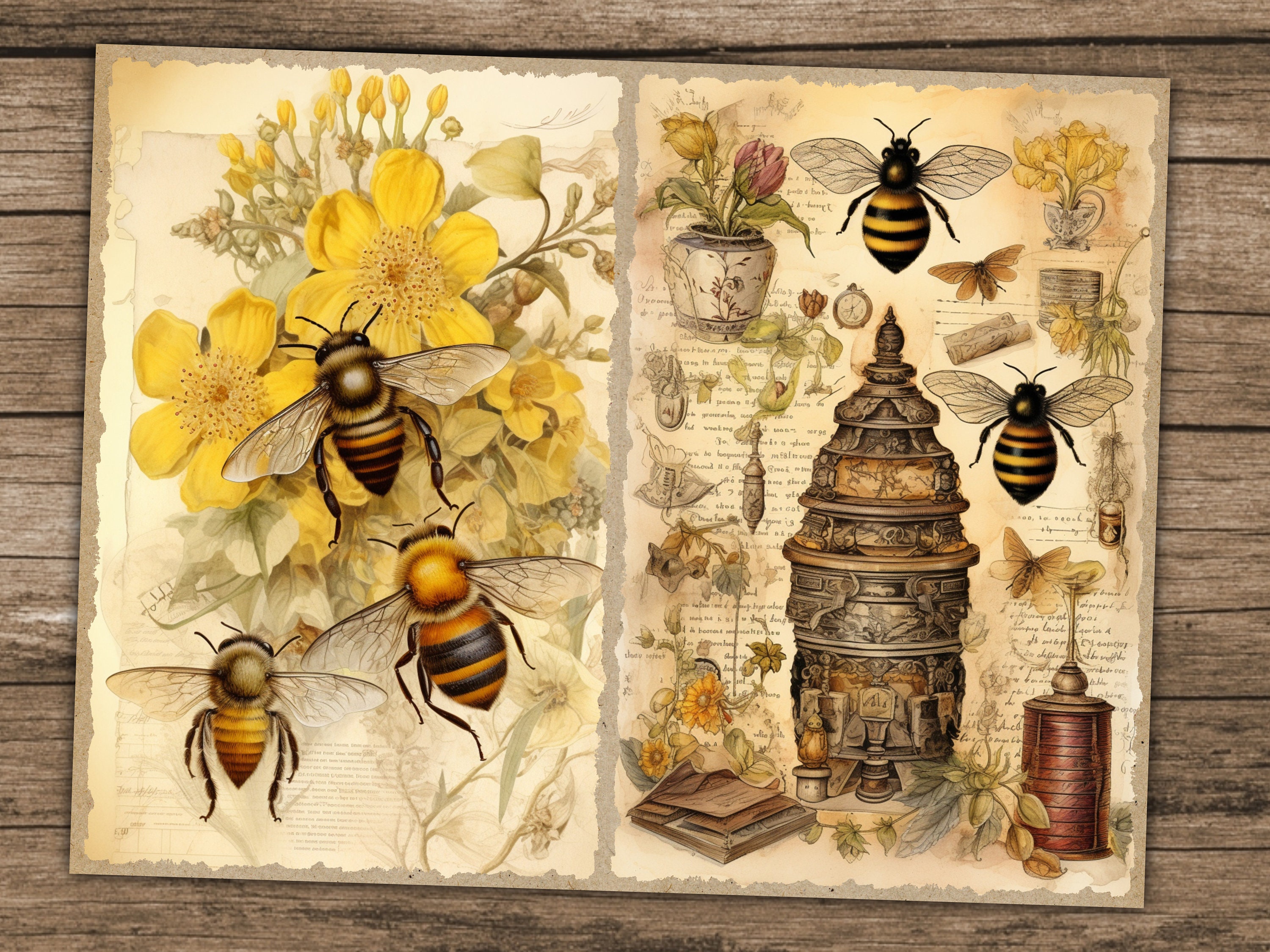 Bee Junk Journal Pages Bees Yellow Junk Journal Kit Floral Scrapbook ...