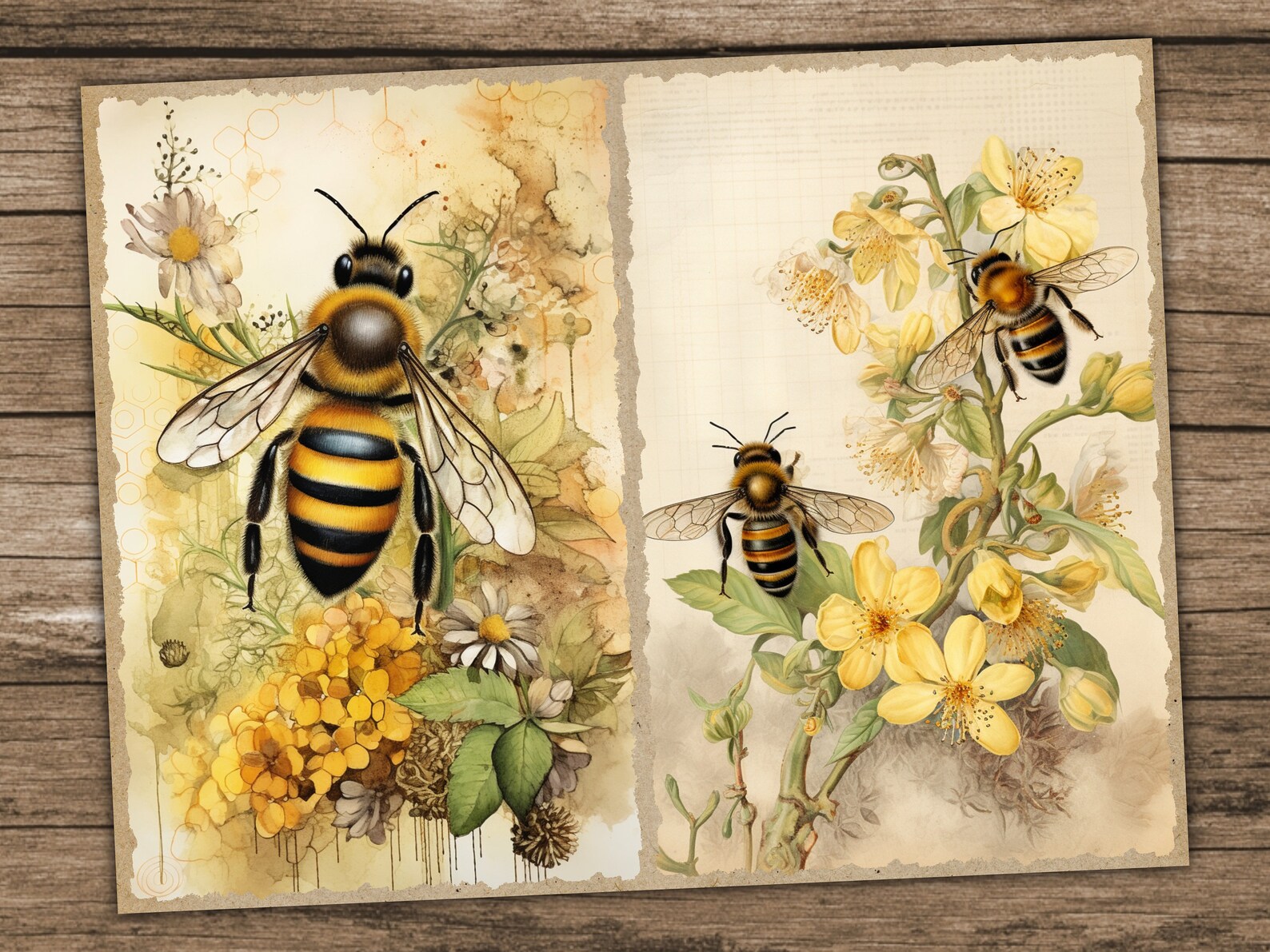 Bee Junk Journal Pages Bees Yellow Junk Journal Kit Floral Scrapbook ...