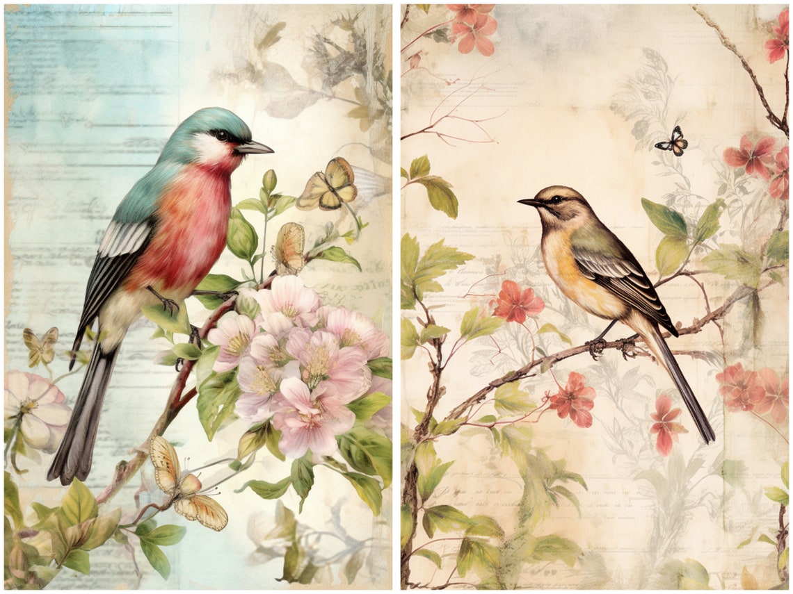 Bird Scrapbook Paper Junk Journal Pages Floral Junk Journal Rose Nature ...