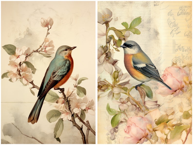 Bird Scrapbook Paper Junk Journal Pages Floral Junk Journal Rose Nature ...
