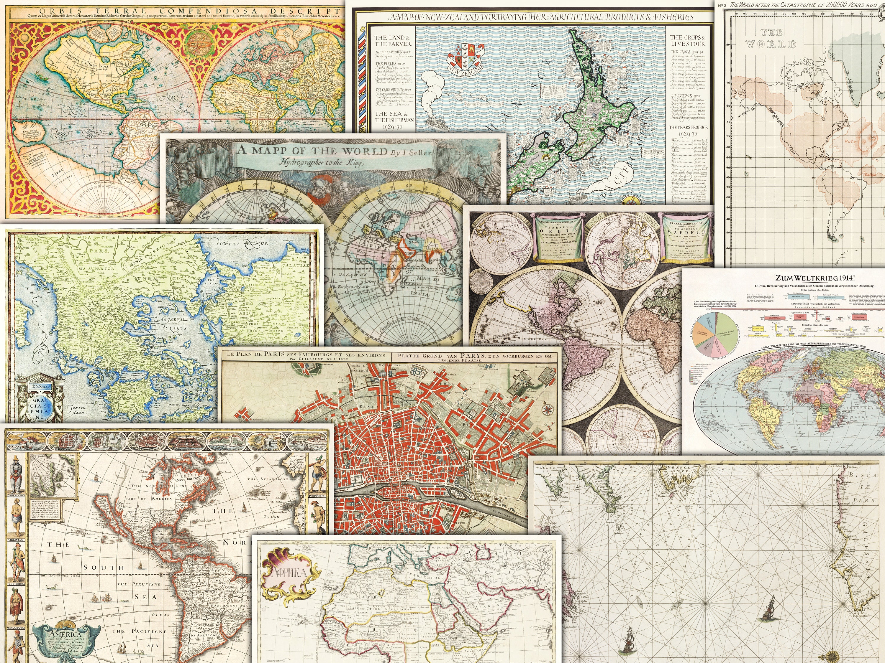 Old Maps of the World, Ephemera Pack, Printable Vintage Map Ephemera for Junk Journals, Journal ...