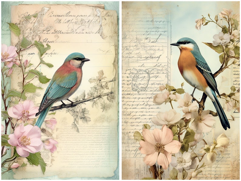 Bird Scrapbook Paper Junk Journal Pages Floral Junk Journal Rose Nature ...