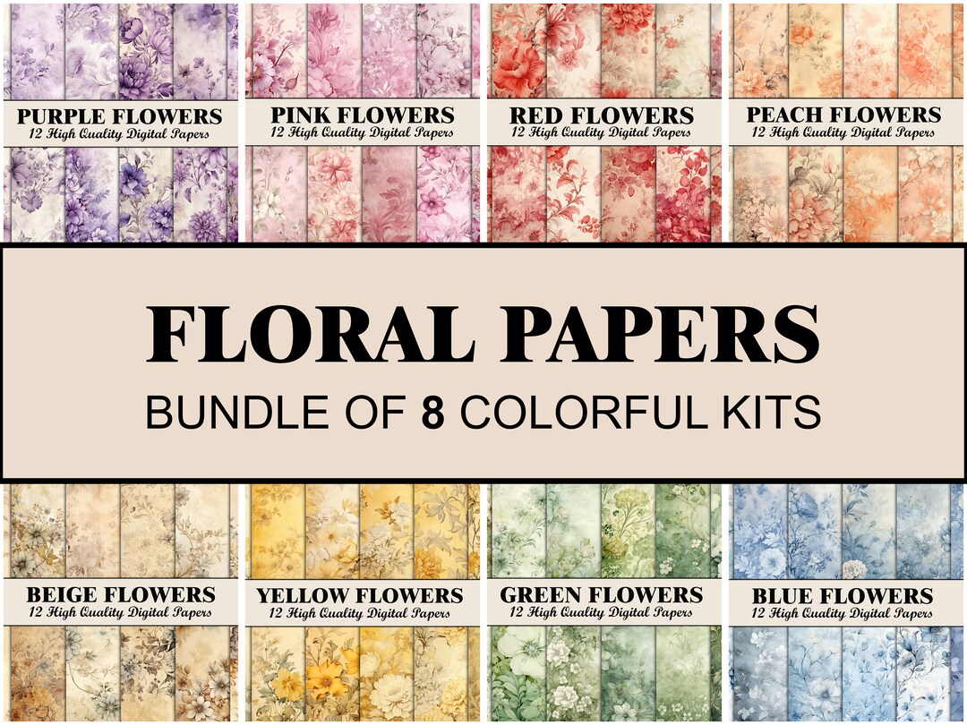 Floral Scrapbook Paper Flowers Blue Vintage Colorful Yellow Green Pink ...