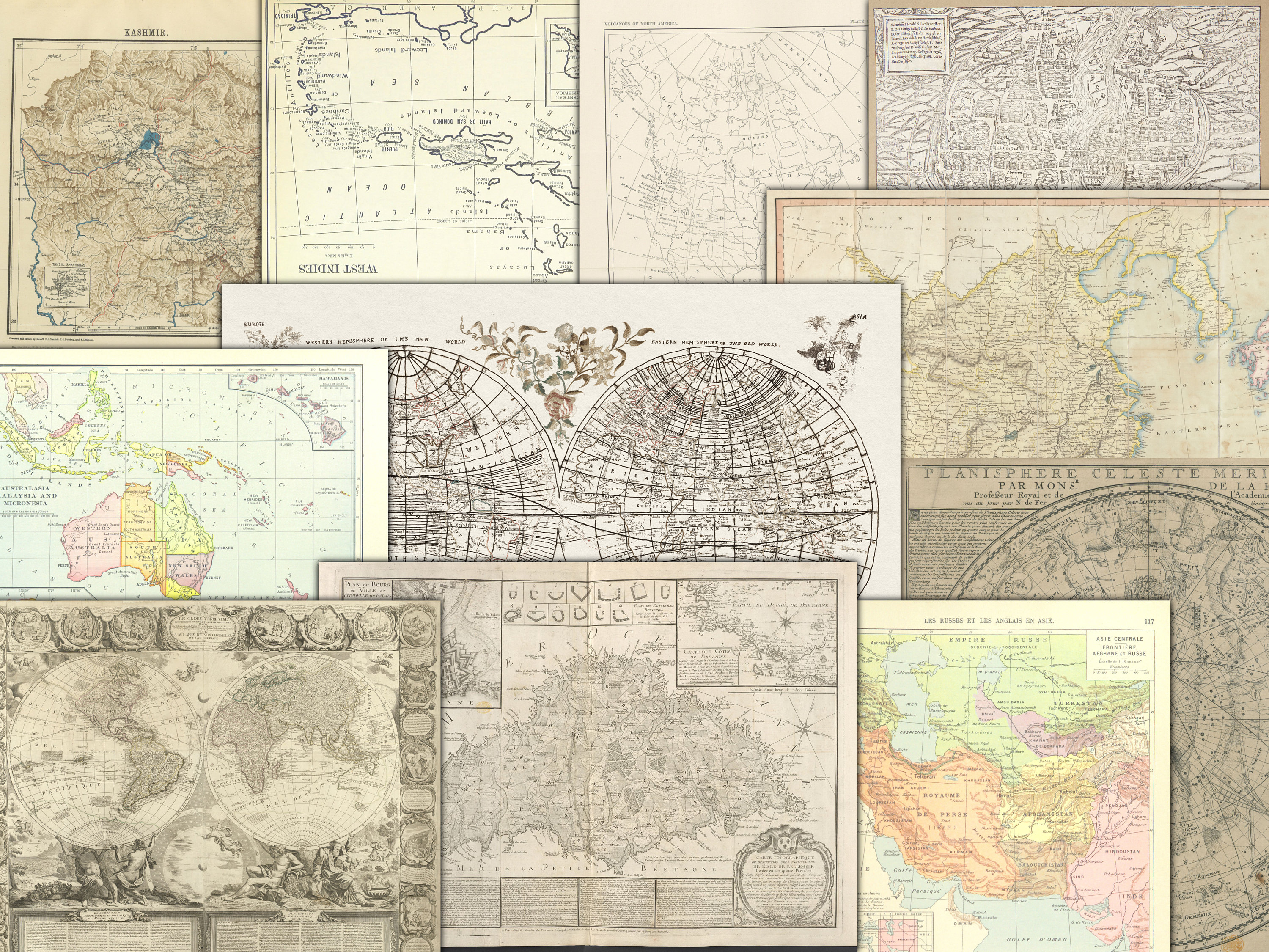 Old Maps of the World, Ephemera Pack, Printable Vintage Map Ephemera for Junk Journals, Journal ...