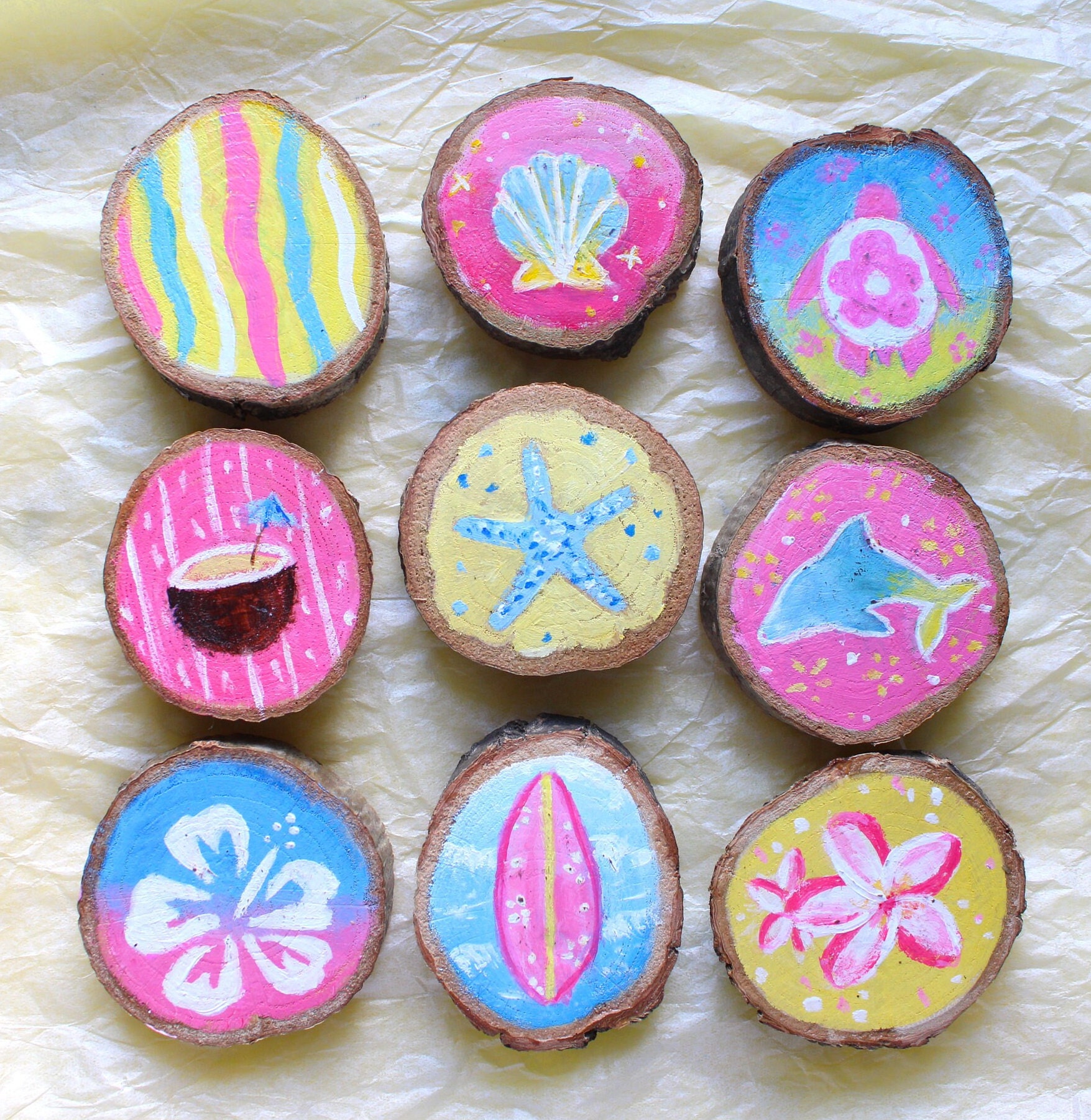 Hawaii Wood Slice Magnets. Hand Painted, Fridge Magnets, Handmade, One ...