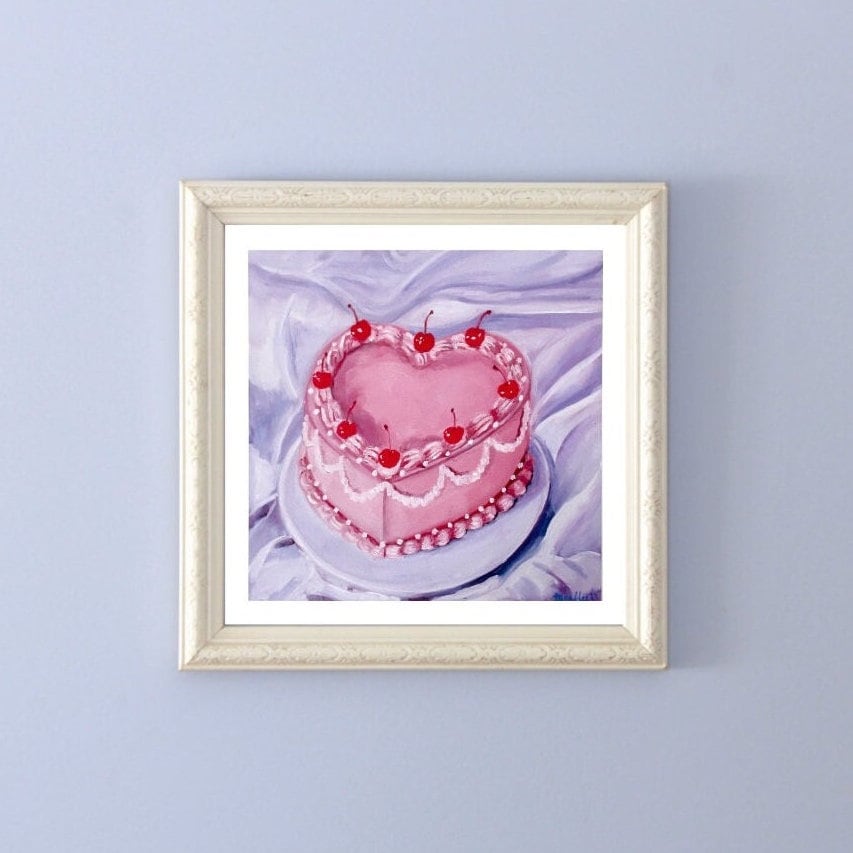 Vintage Cherry Cake Art Prints. Heart Cake Painting, 50’s Aesthetic Art ...