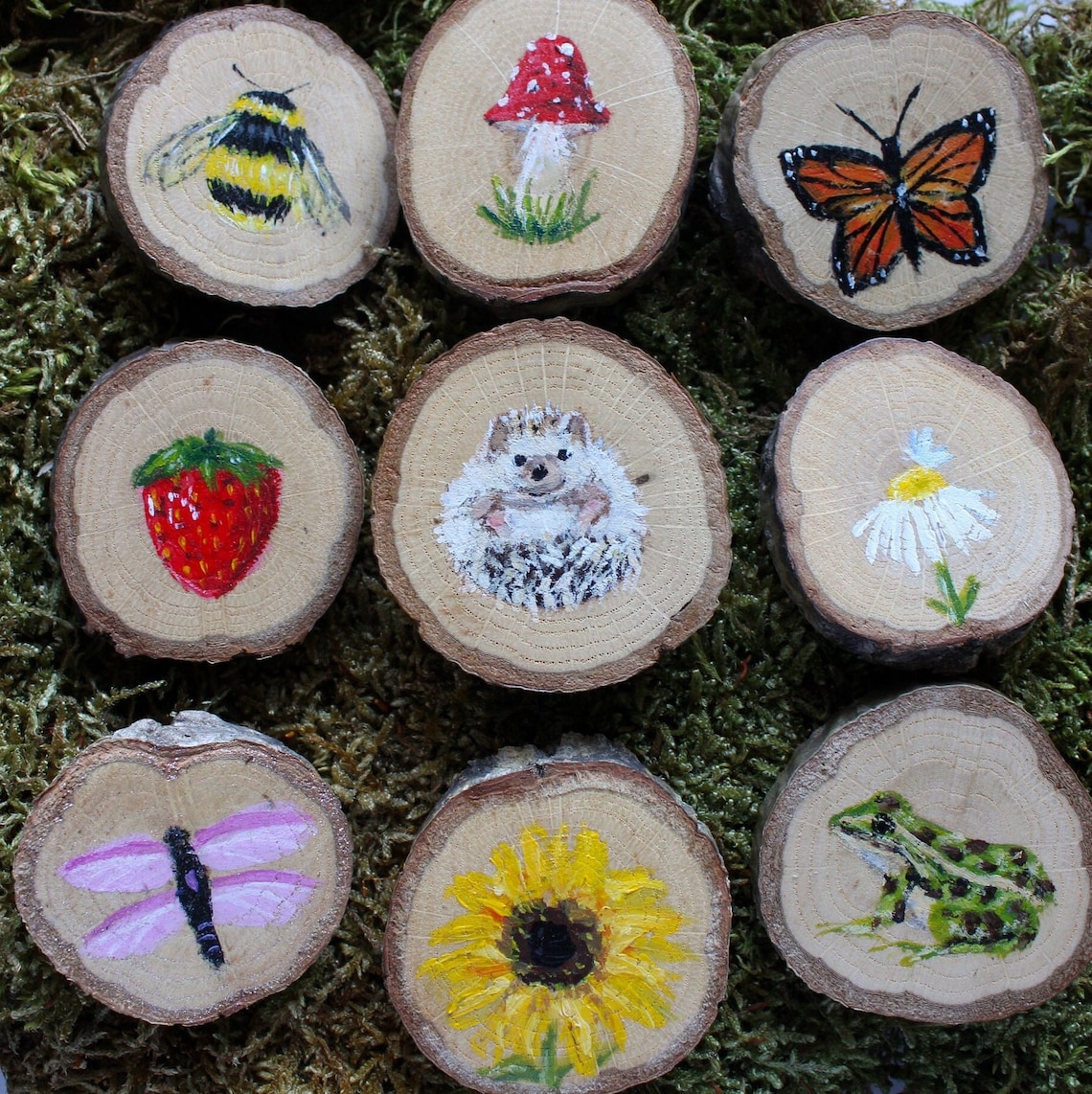 Hand Painted Magnets. Mini Wood Slices, Fridge Magnets, Handmade, One ...