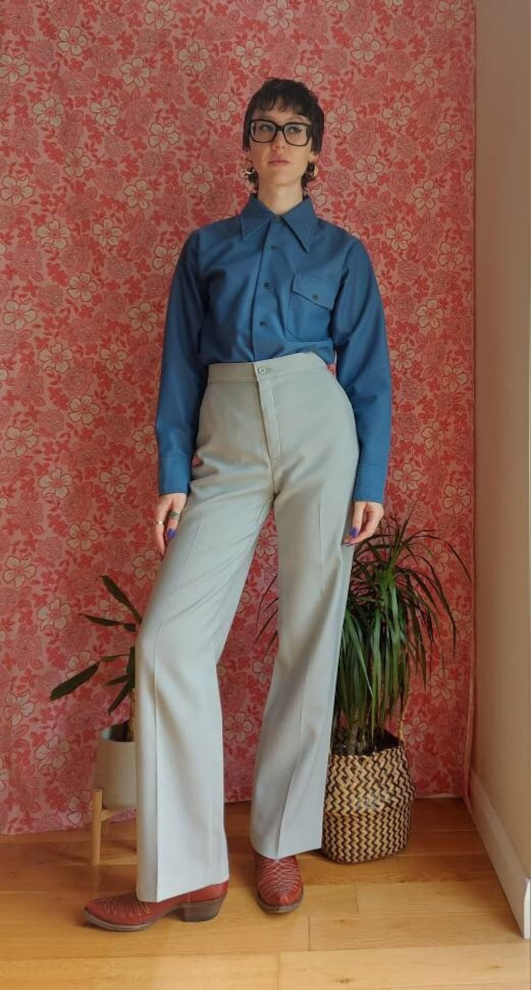 Vintage 70s Blue Cord Dagger Collar Shirt - Etsy UK