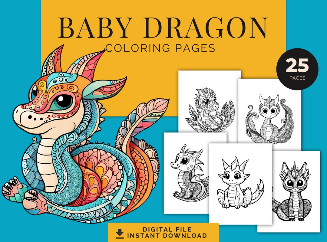 25 Adorable Baby Dragon Fantasy Coloring Page Book, Adults + Kids ...