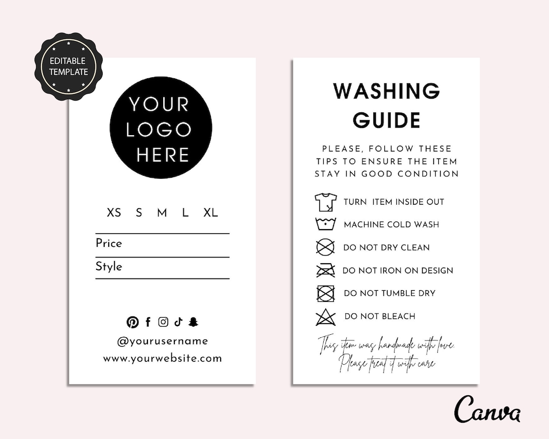 Washing Instruction Card & Clothing Hang Tag Template, DIY Wash Care ...