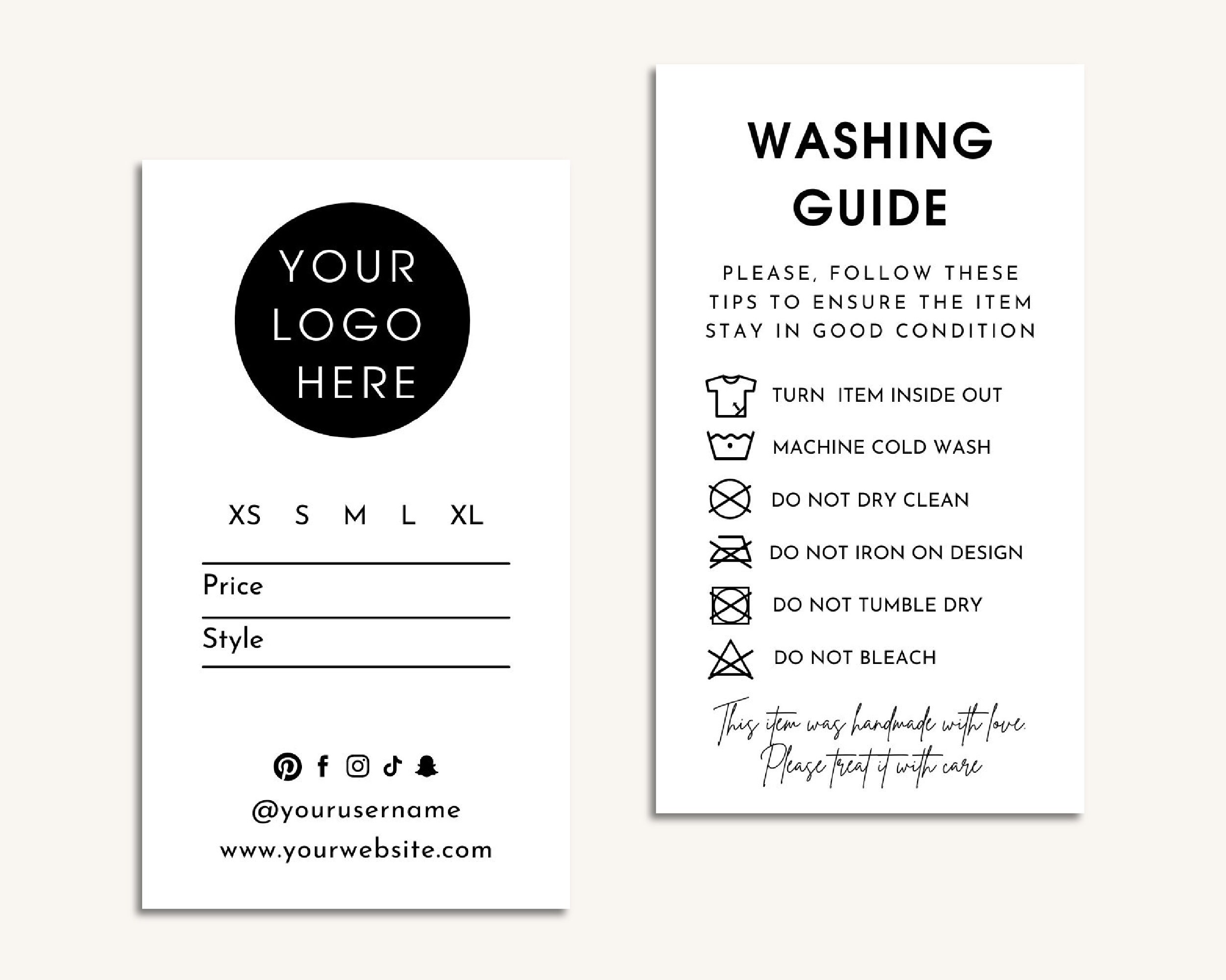 Washing Instruction Card & Clothing Hang Tag Template, DIY Wash Care ...
