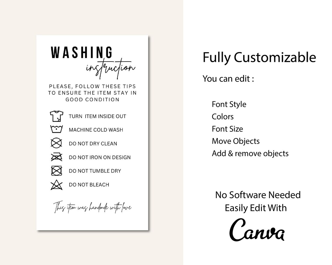 Washing Instruction Card & Hang Tag Template, DIY Wash Care for HVT T ...