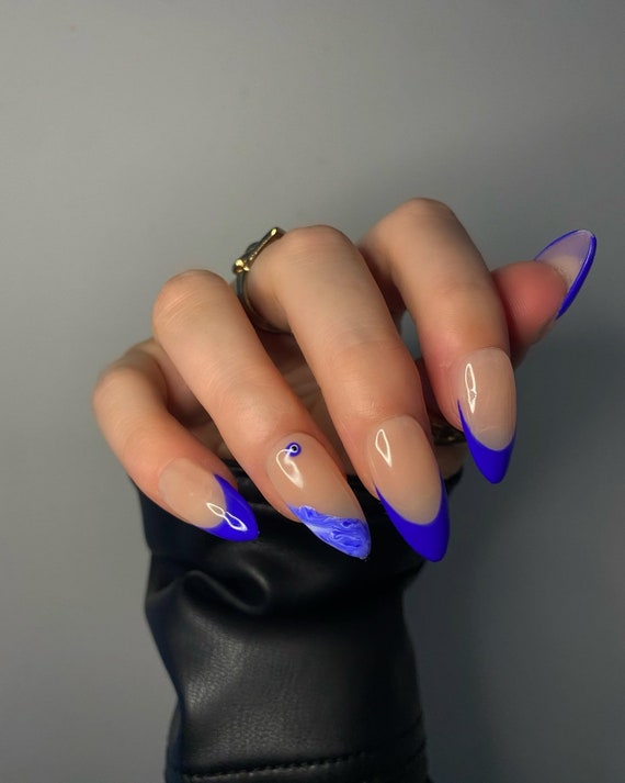 Medium Length Almond Shape Blue French Tip With Evil Eye and - Etsy