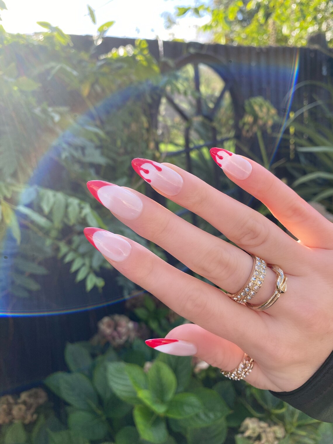 Almond Shape, Red, Press-on Nails - With Drippy Blood Red & French Tip ...