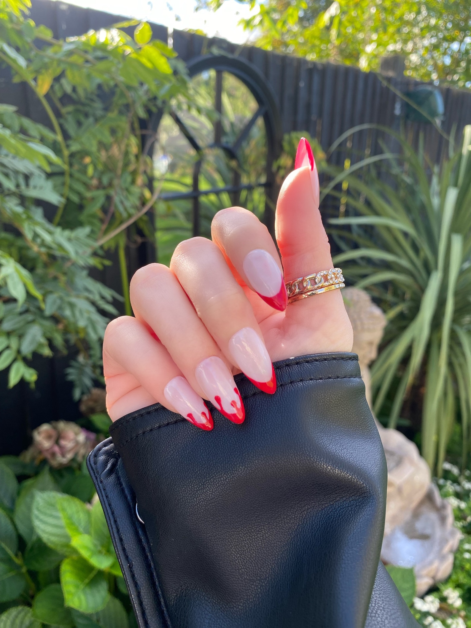 Almond Shape, Red, Press-on Nails - With Drippy Blood Red & French Tip ...