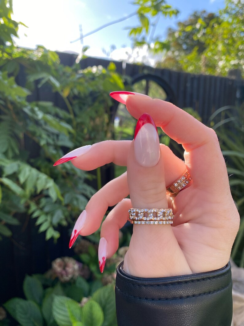 Almond Shape, Red, Press-on Nails - With Drippy Blood Red & French Tip ...
