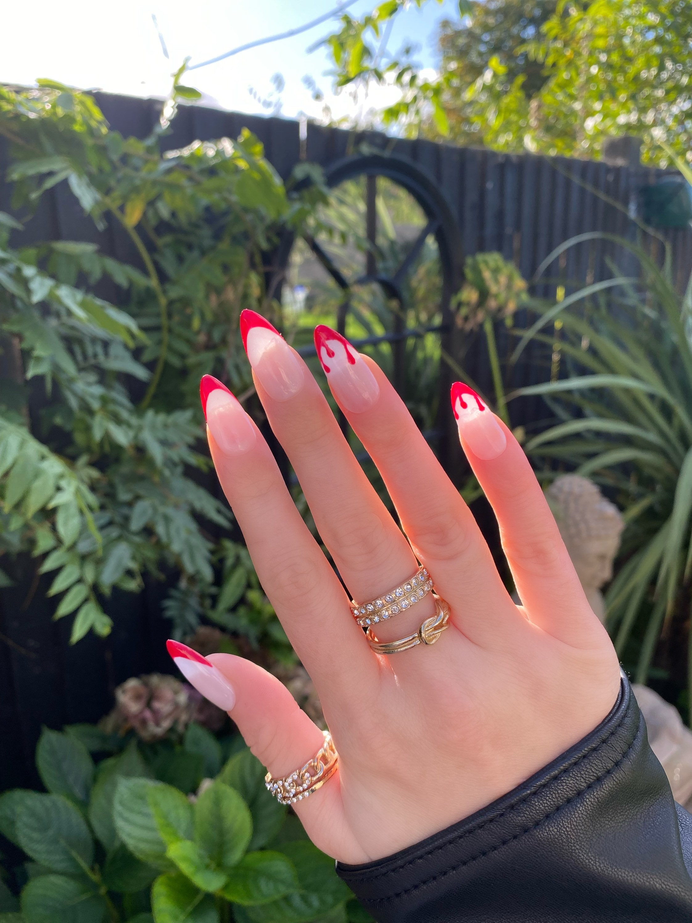 Almond Shape, Red, Press-on Nails - With Drippy Blood Red & French Tip ...