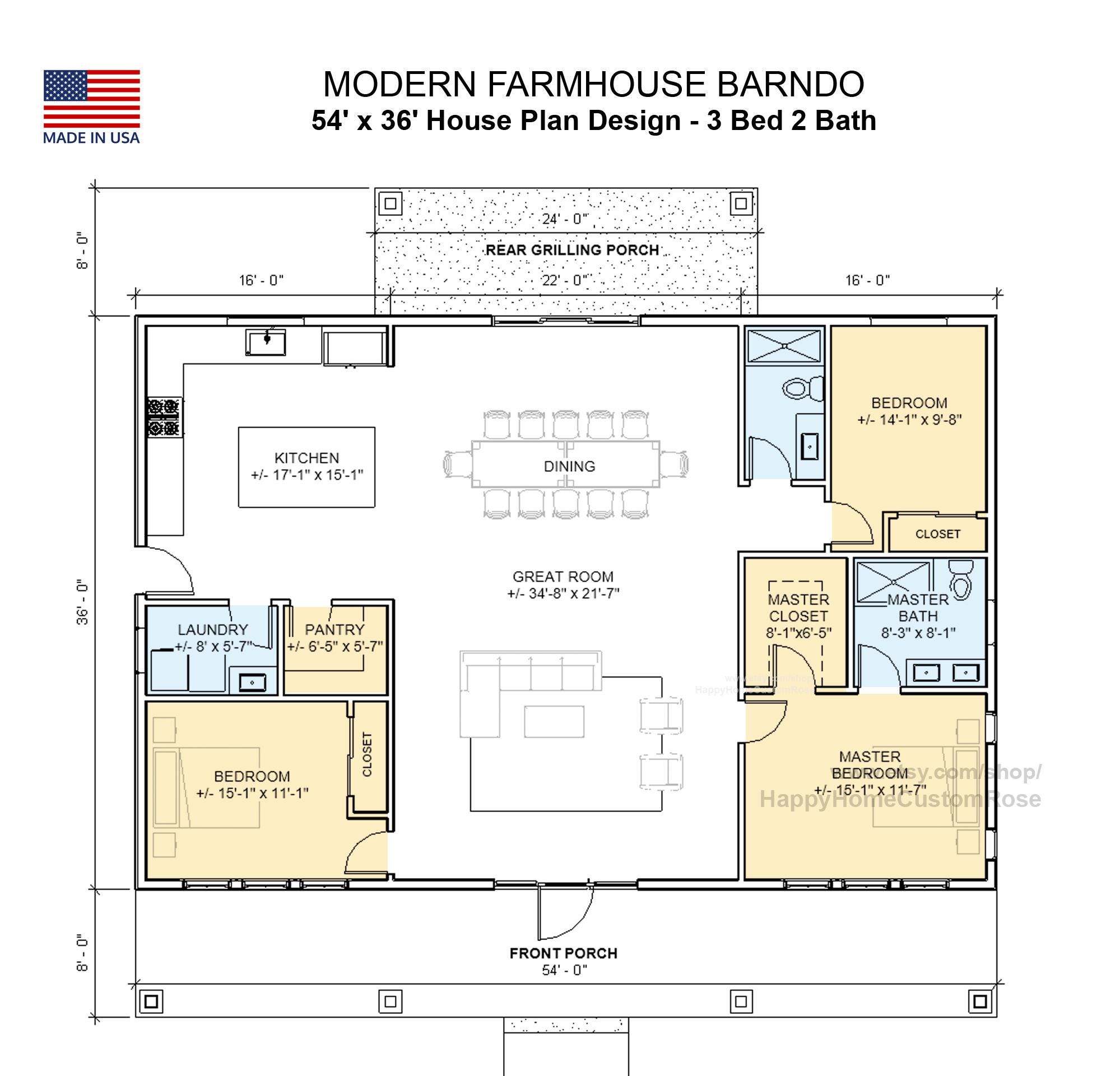 Bold Birch Barndominium Modern House Open Plan Design 54 X 36 - 3 Bed 2 ...