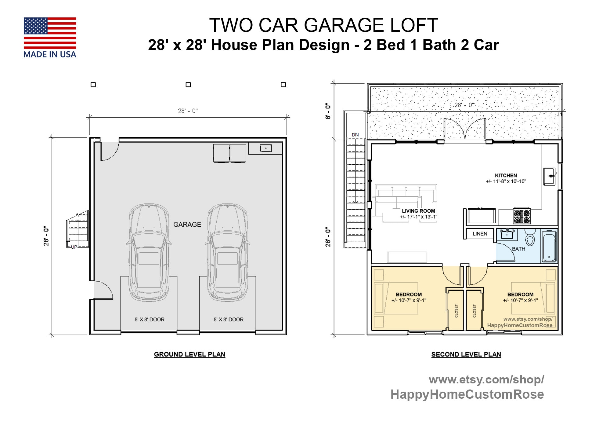 Tall Maple 2 Story Detached 28'x28' Two Car Garage Loft House Plan ...