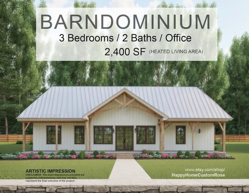 Farmhouse Barndominium - 40' X 60' House Plan Design - 3 Bed 2 Bath ...