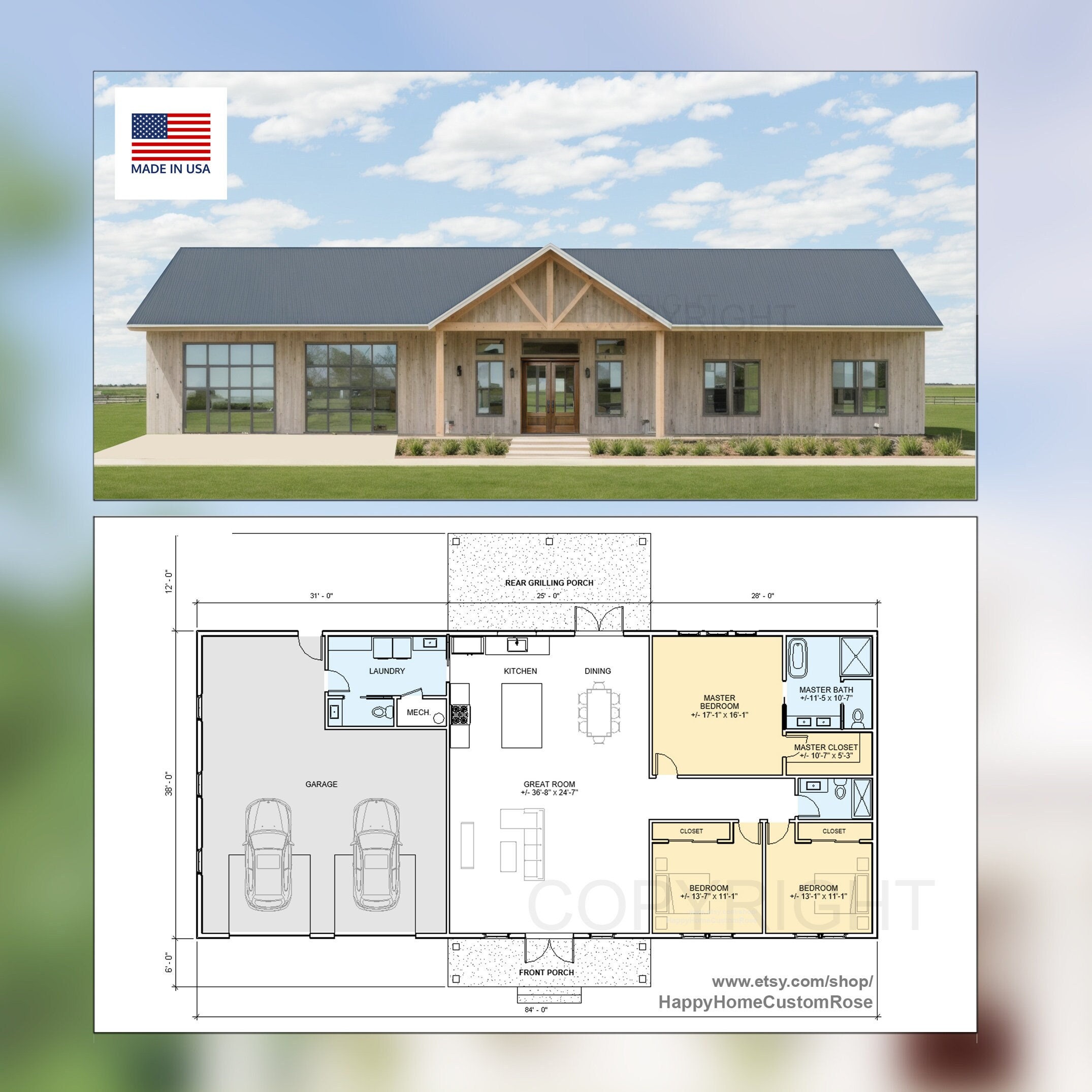 White Oak Modern Custom Barndominium 84' X 38' House Plan Design 3 Bed ...