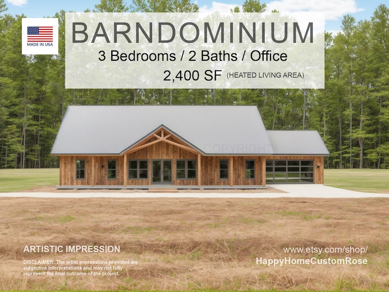 Farmhouse Barndominium - 40' X 60' House Plan Design - 3 Bed 2 Bath ...