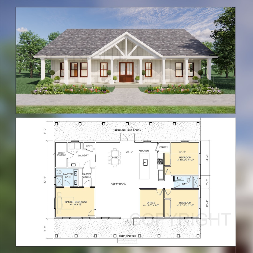 Lakeview House Plans Open Plan Design Modern Farmhouse 3 Bed/2 Bath Home Office 1920 Square Feet ...