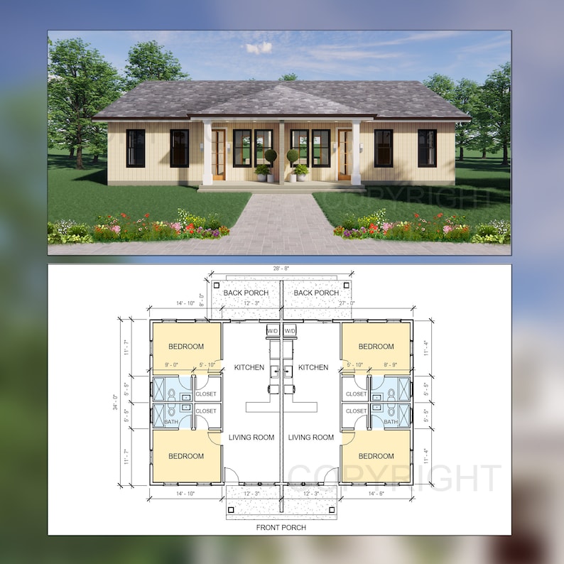 Hip Roof Duplex Investment Rental House Plan Design - 1820 SF - Modern ...