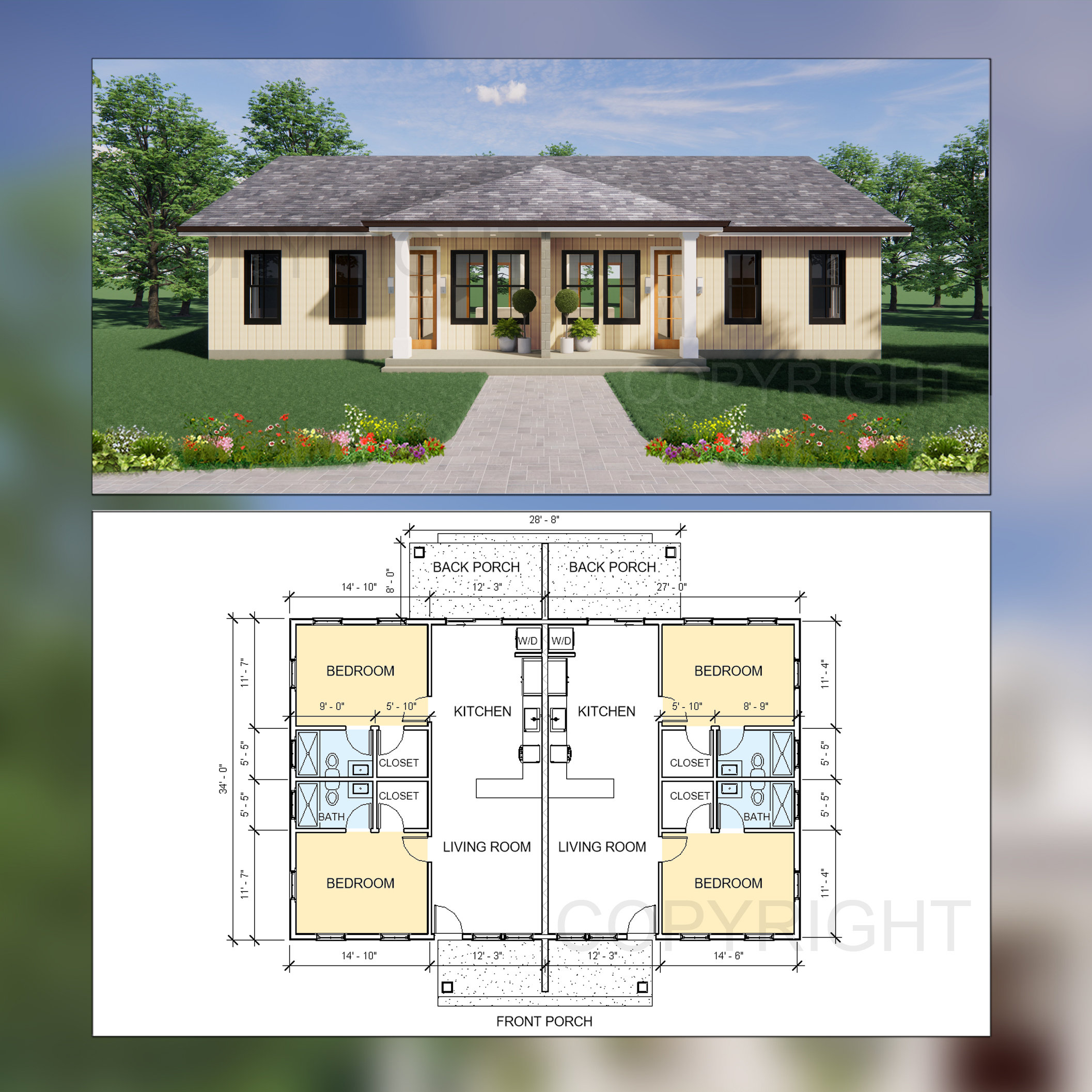 Hip Roof Duplex Investment Rental House Plan Design - 1820 SF - Modern ...